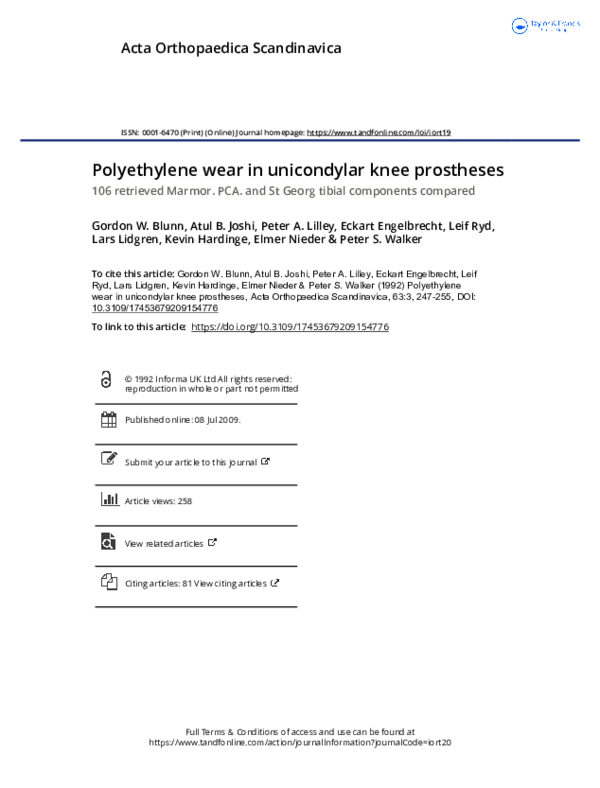 (PDF) Polyethylene wear in unicondylar knee prostheses