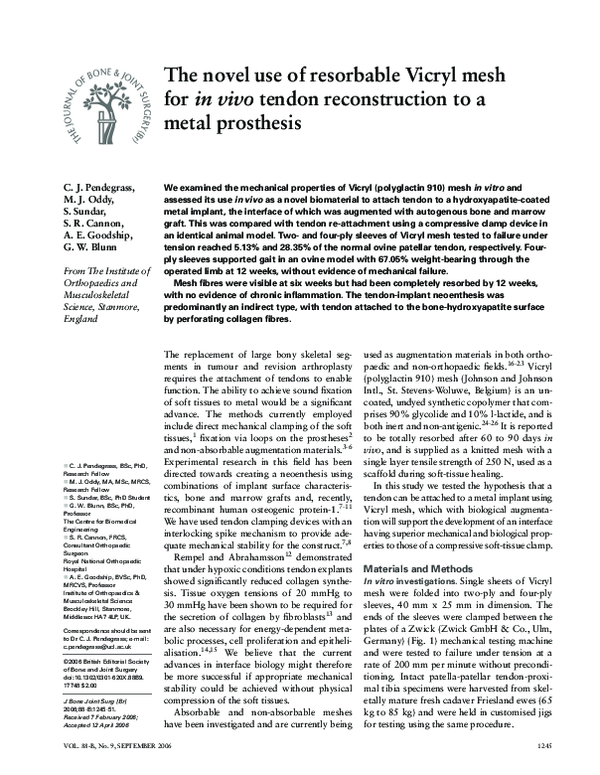 (PDF) The novel use of resorbable Vicryl mesh for in vivo tendon ...