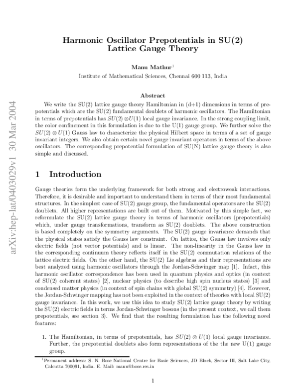 (PDF) Harmonic oscillator pre-potentials inSU(2) lattice gauge theory