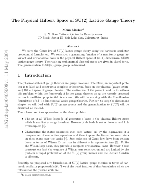 (PDF) The Physical Hilbert Space of SU(2) Lattice Gauge Theory