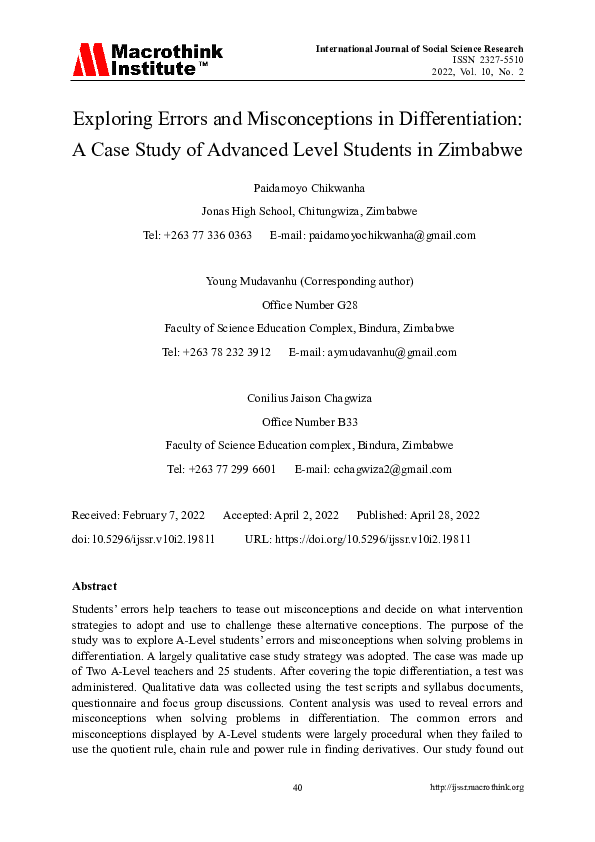 (PDF) Exploring Errors and Misconceptions in Differentiation: A Case Study of Advanced Level ...