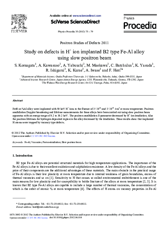 (PDF) Study on Defects in H+ion Implanted B2 type Fe-Al Alloy using Slow Positron Beam