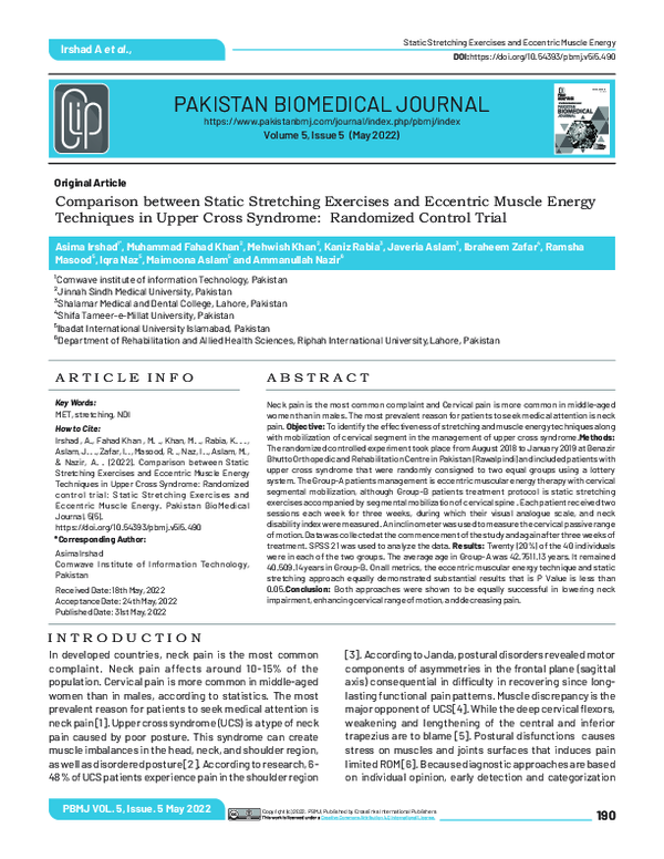 (PDF) Comparison between Static Stretching Exercises and Eccentric Muscle Energy Techniques in ...