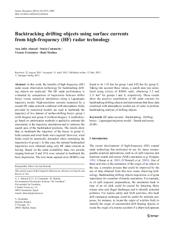 (PDF) Backtracking drifting objects using surface currents from high-frequency (HF) radar technology