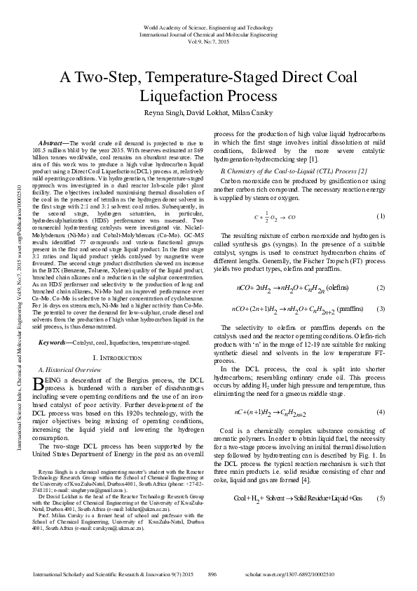 (PDF) A Two-Step, Temperature-Staged Direct Coal Liquefaction Process