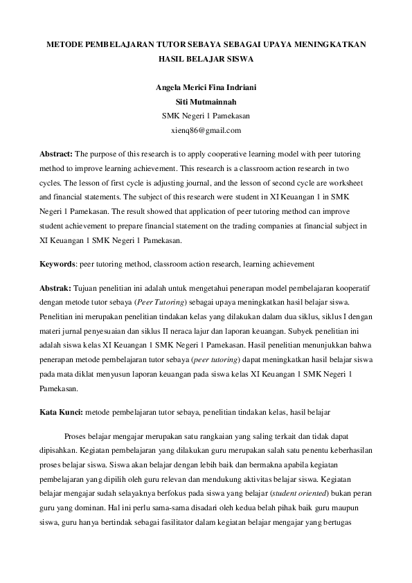 (PDF) Metode Pembelajaran Tutor Sebaya Sebagai Upaya Meningkatkan Hasil Belajar Siswa