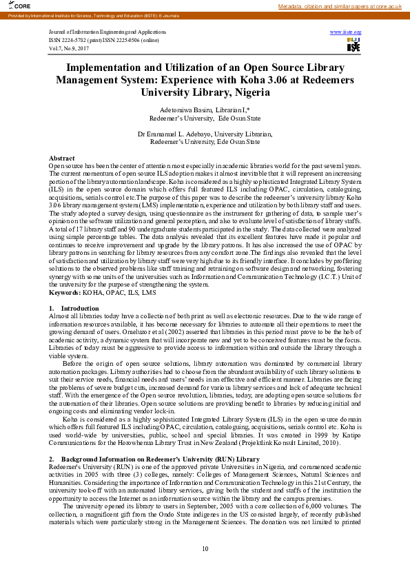 (PDF) Implementation and Utilization of an Open Source Library Management System: Experience ...