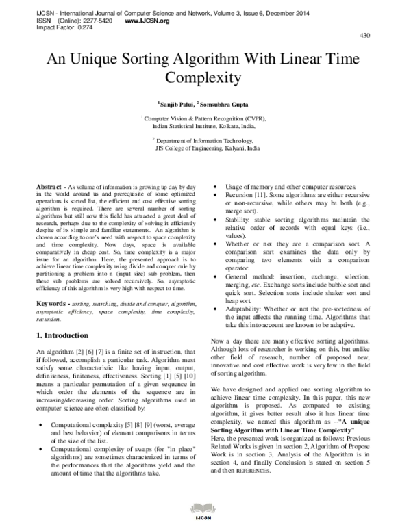 (PDF) An Unique Sorting Algorithm With Linear Time Complexity