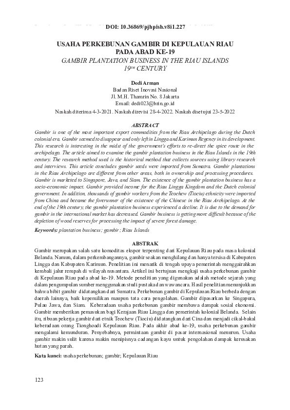 (PDF) Usaha Perkebunan Gambir DI Kepulauan Riau Pada Abad KE-19