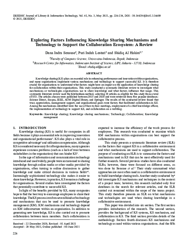 (PDF) Exploring Factors Influencing Knowledge Sharing Mechanisms and Technology to Support the ...