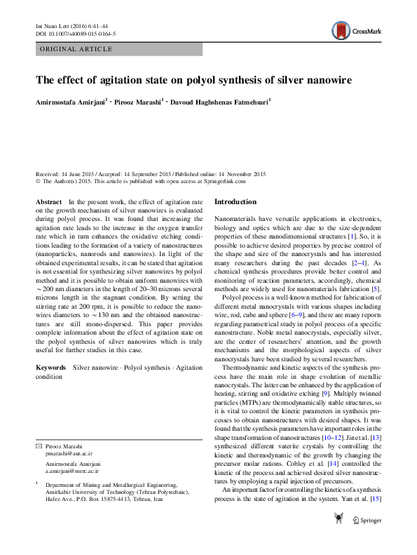 (PDF) The effect of agitation state on polyol synthesis of silver nanowire