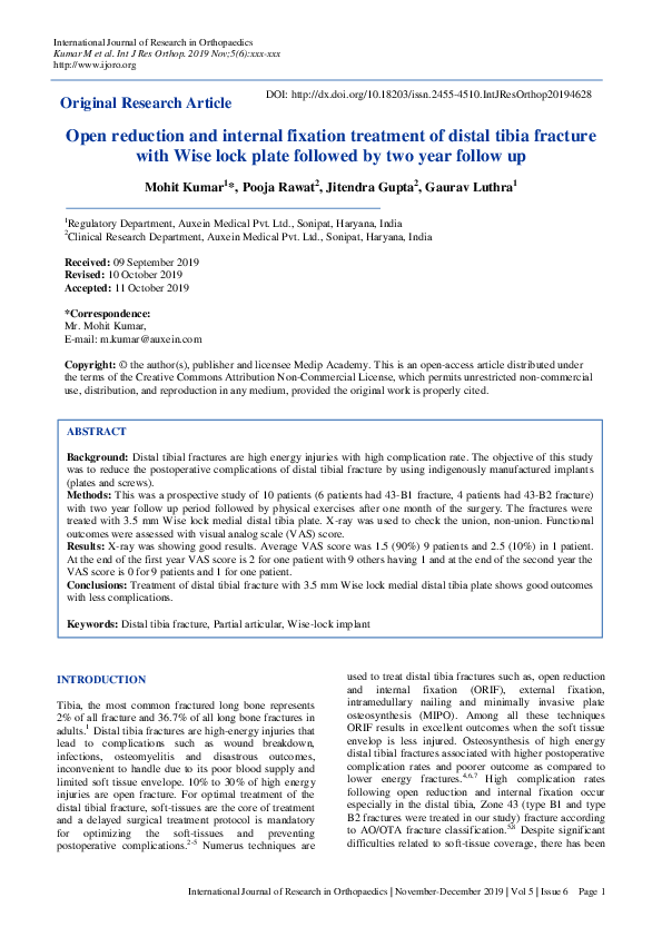 (PDF) Open reduction and internal fixation treatment of distal tibia fracture with Wise lock ...