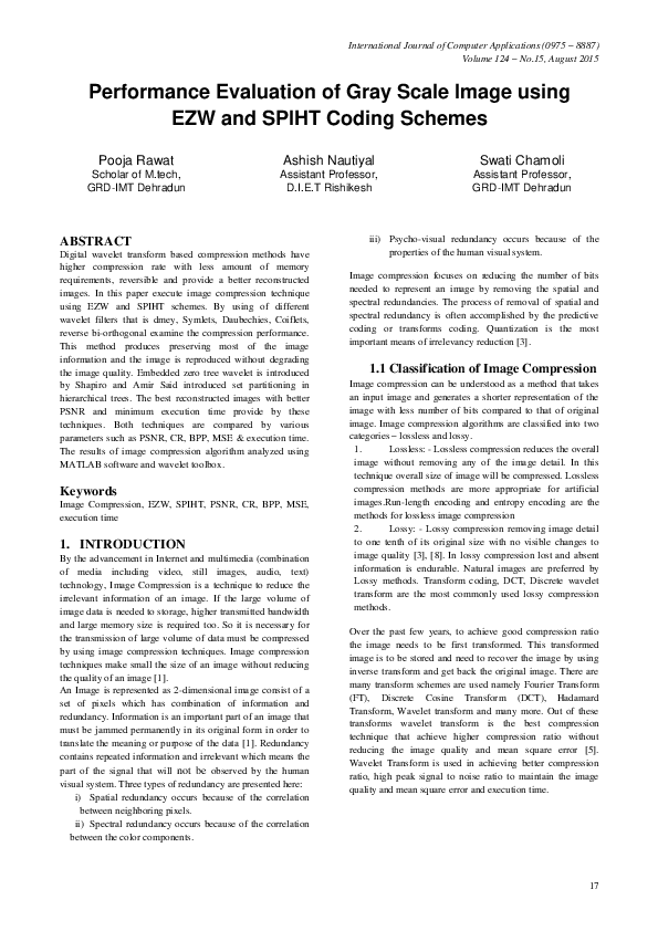Pdf Performance Evaluation Of Gray Scale Image Using Ezw And Spiht Coding Schemes Pooja