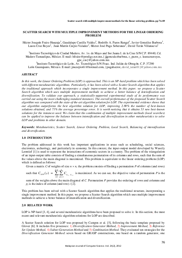 (PDF) Scatter Search with Multiple Improvement Methods for the Linear Ordering Problem