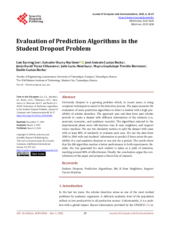 (PDF) Evaluation of Prediction Algorithms in the Student Dropout Problem