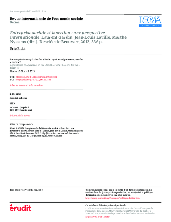 (PDF) Entreprise sociale et insertion : une perspective internationale, Laurent Gardin, Jean ...