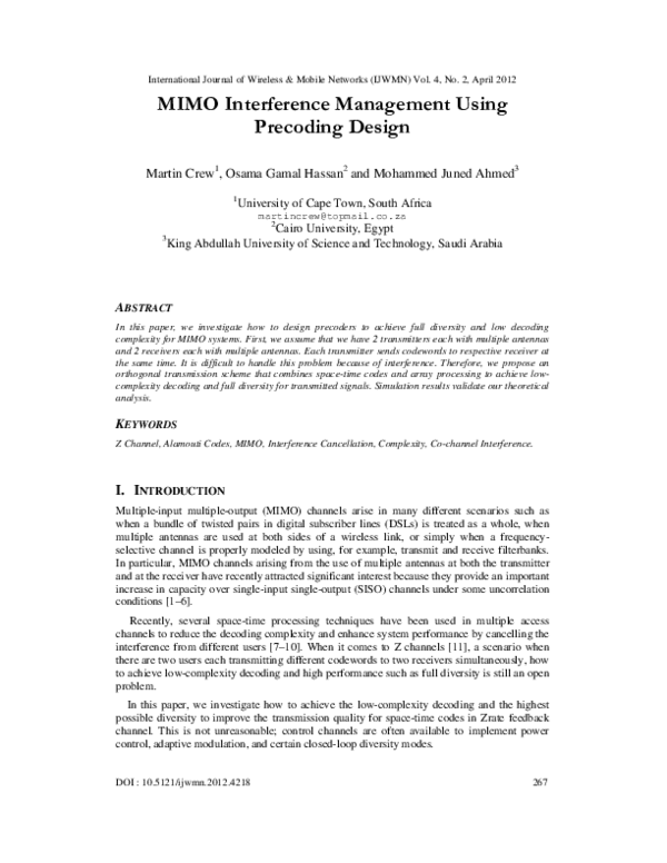 (PDF) MIMO Interference Management Using Precoding Design