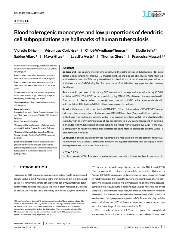 (PDF) Blood tolerogenic monocytes and low proportions of dendritic cell ...