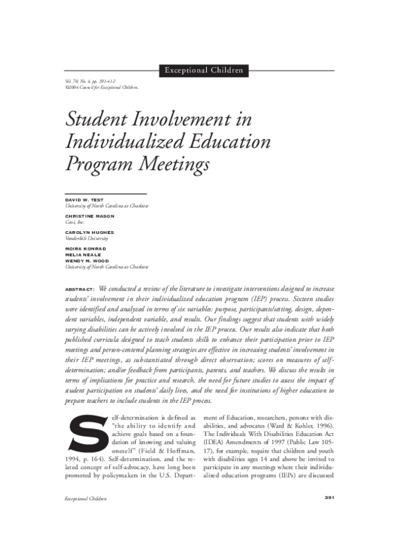 (PDF) Student Involvement in Individualized Education Program Meetings
