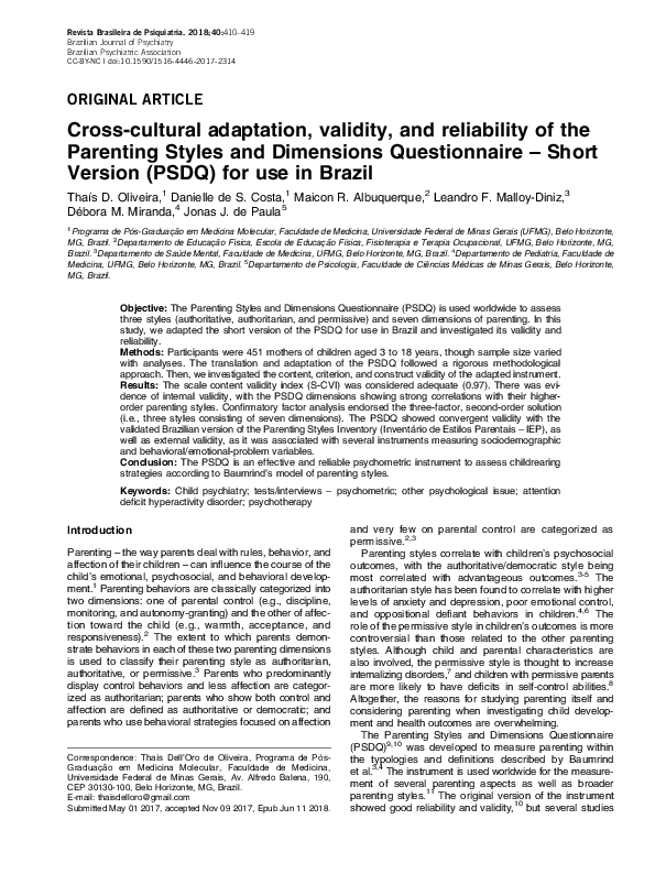 (PDF) Cross-Cultural Adaptation, Validity and Reliability of the Escala Pessoal de Resultados