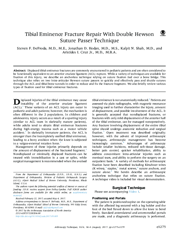 (PDF) Tibial Eminence Fracture Repair With Double Hewson Suture Passer ...