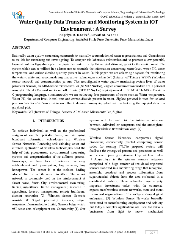 (PDF) Water Quality Data Transfer and Monitoring System in IOT Environment : A Survey