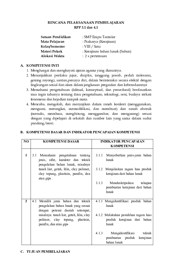(DOC) RPP Kerajinan KD 3 1 4 1 Kelas