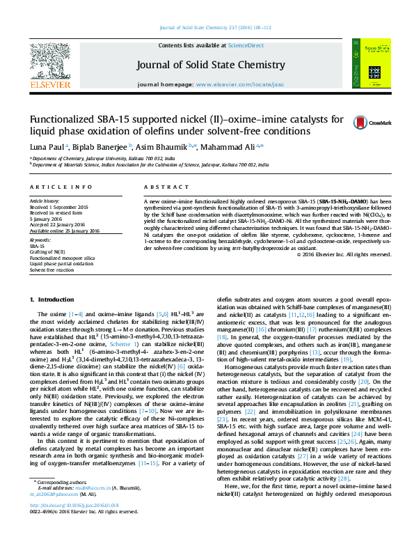 (PDF) Functionalized SBA-15 supported nickel (II)–oxime–imine catalysts for liquid phase ...