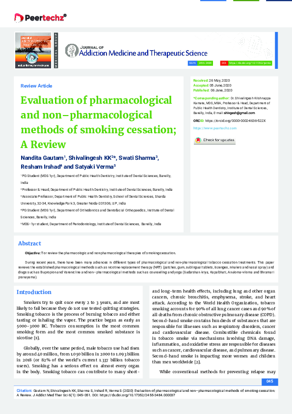 (PDF) Evaluation of pharmacological and non–pharmacological methods of smoking cessation; A Review
