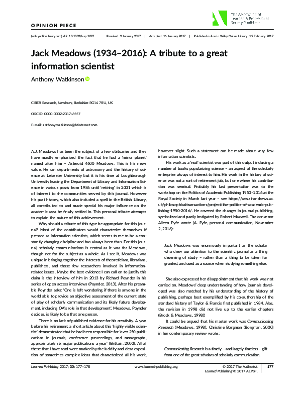 (PDF) Jack Meadows (1934-2016): A tribute to a great information scientist