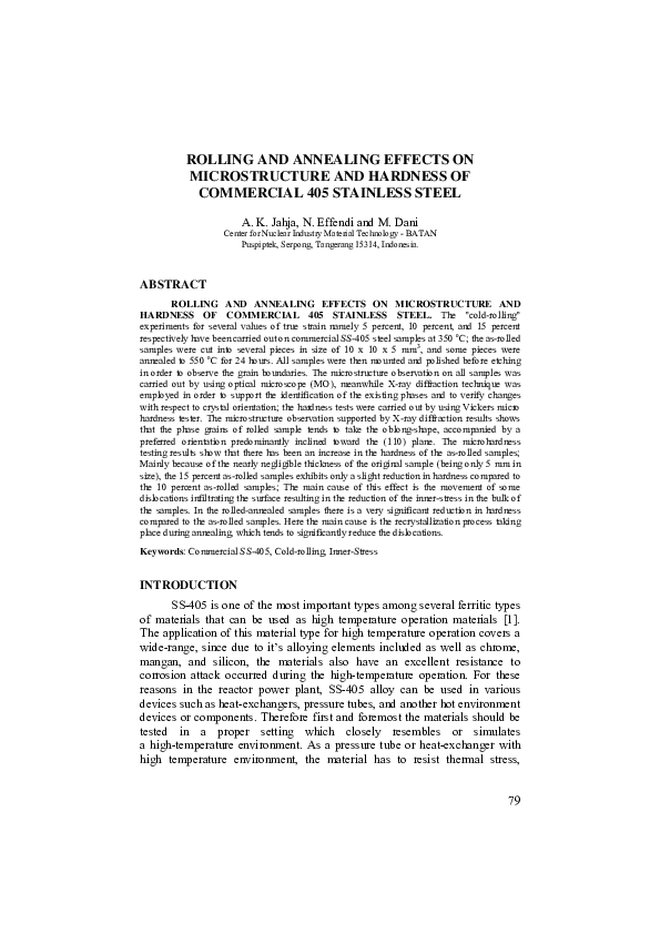 (PDF) Rolling and Annealing Effects on Microstructure and Hardness of Commercial 405 Stainless ...
