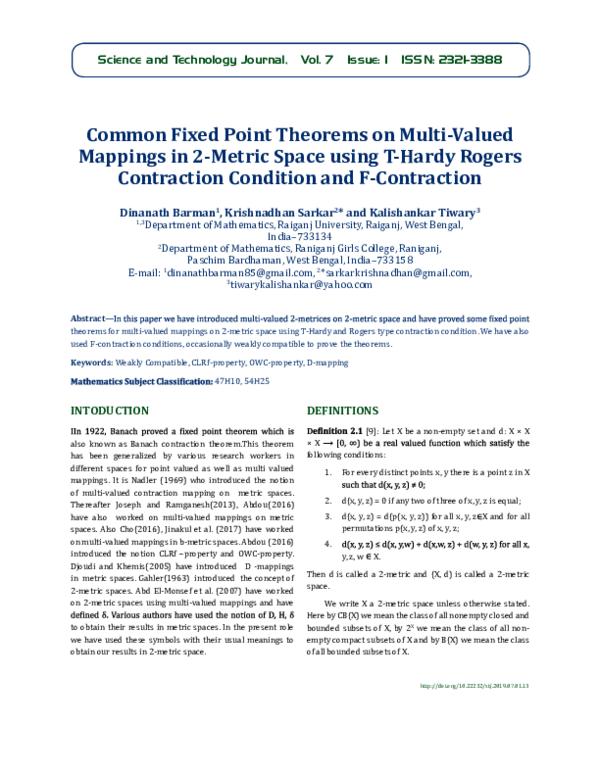 Pdf Common Fixed Point Theorems On Multi Valued Mappings In 2 Metric Space Using T Hardy
