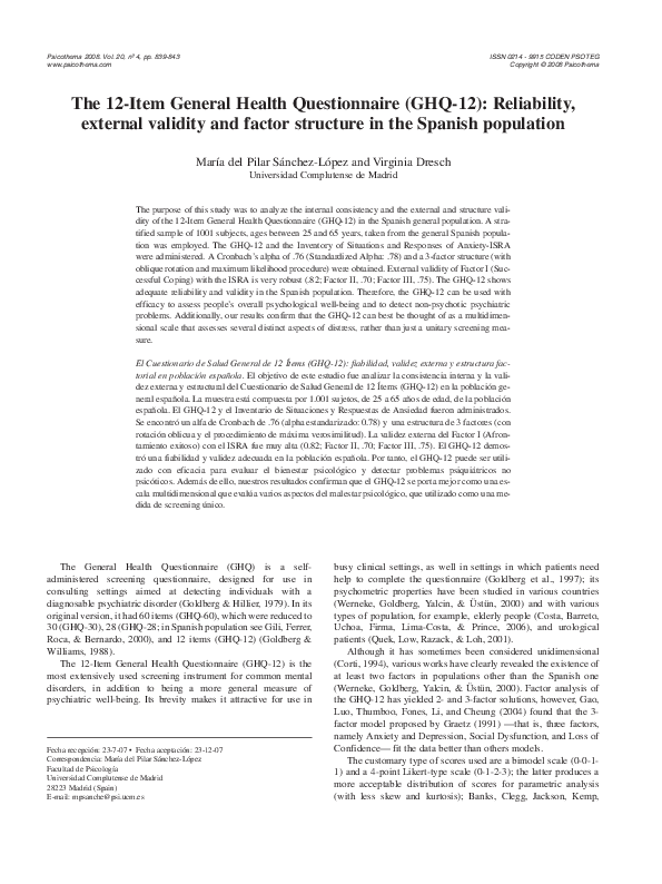 (PDF) The 12-Item General Health Questionnaire (GHQ-12): reliability ...