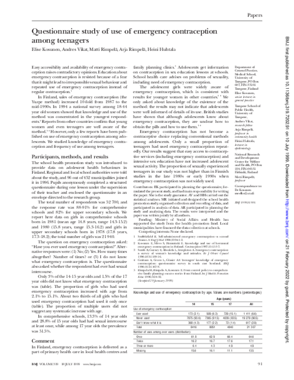 (PDF) Teenagers' knowledge of emergency contraception: questionnaire ...