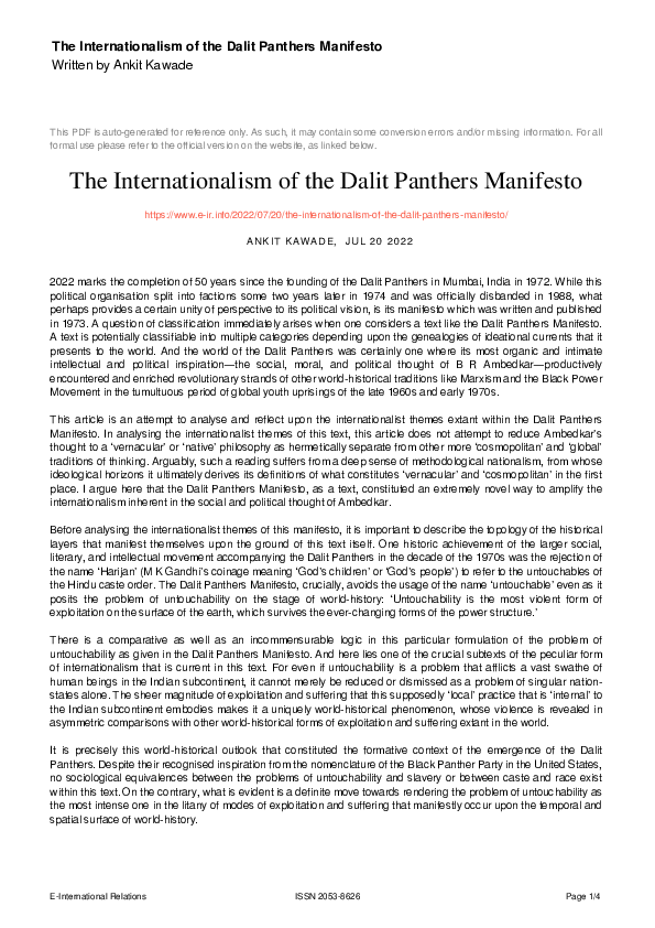 (PDF) The Internationalism of the Dalit Panthers Manifesto