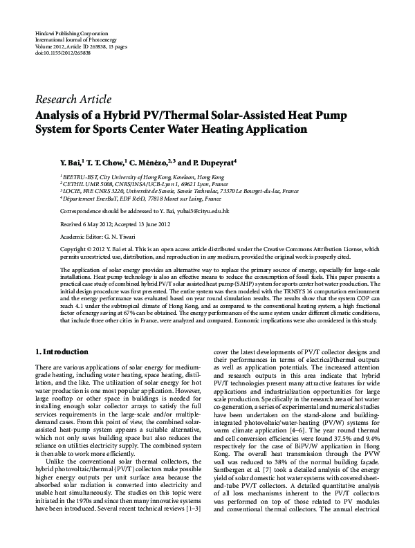 (PDF) Analysis of a Hybrid PV/Thermal Solar-Assisted Heat Pump System ...