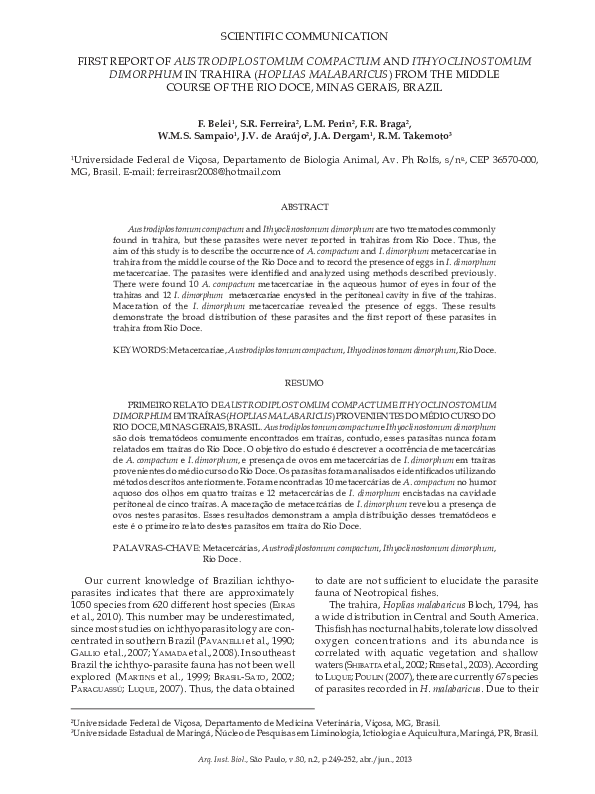 (PDF) First report of austrodiplostomum compactum and ithyoclinostomum ...
