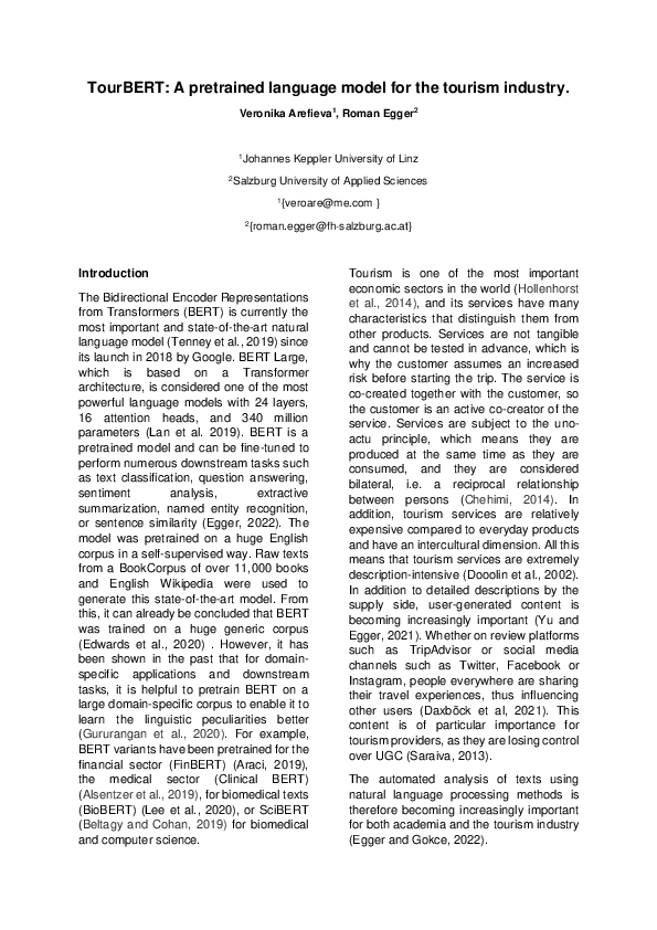 (PDF) TourBERT: A pretrained language model for the tourism industry