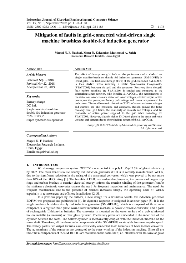 Pdf Mitigation Of Faults In Grid Connected Wind Driven Single Machine Brushless Double Fed