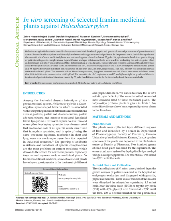 (PDF) In vitro screening of selected Iranian medicinal plants against ...