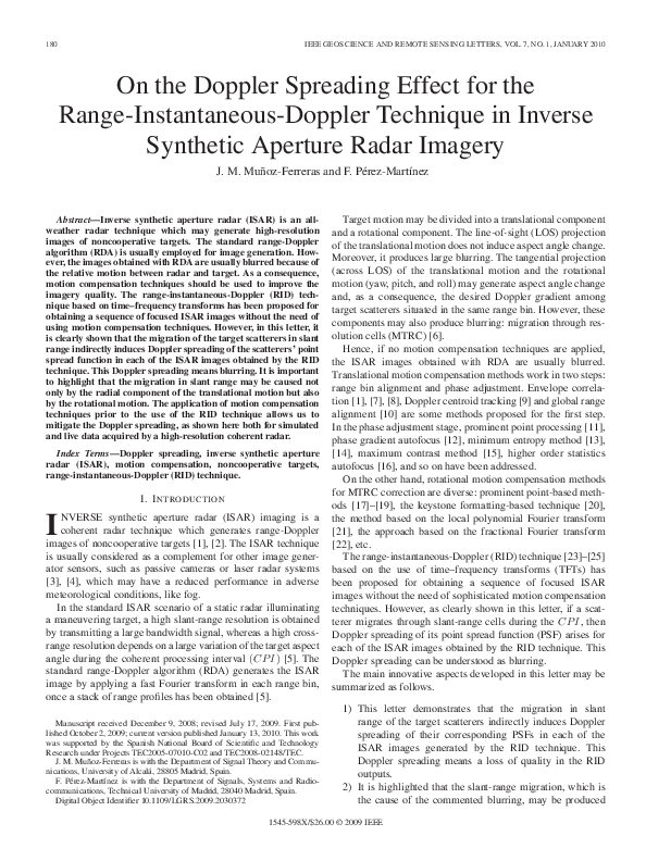 (PDF) Doppler Spreading in Range-Instantaneous-Doppler ISAR (PDF) Doppler Spreading in Range-Instantaneous-Doppler ISAR