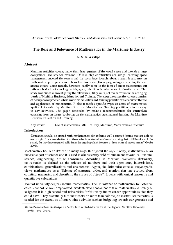(PDF) The Role and relevance of mathematics in the maritime industry