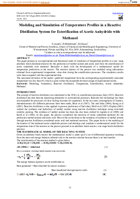 (PDF) Modeling and Simulation of Temperature Profiles in a Reactive Distillation System for ...
