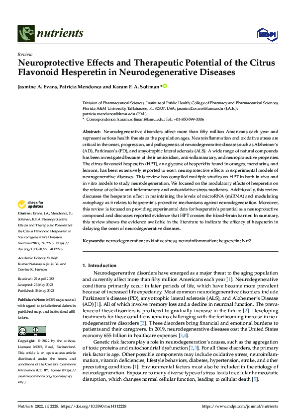 (PDF) Neuroprotective Effects and Therapeutic Potential of the Citrus Flavonoid Hesperetin in ...