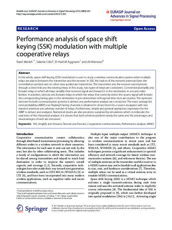 Pdf Performance Analysis Of Space Shift Keying Ssk Modulation With Multiple Cooperative Relays