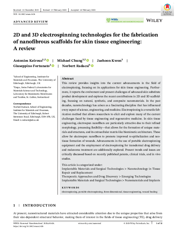 (PDF) 2D and 3D electrospinning technologies for the fabrication of nanofibrous scaffolds for ...