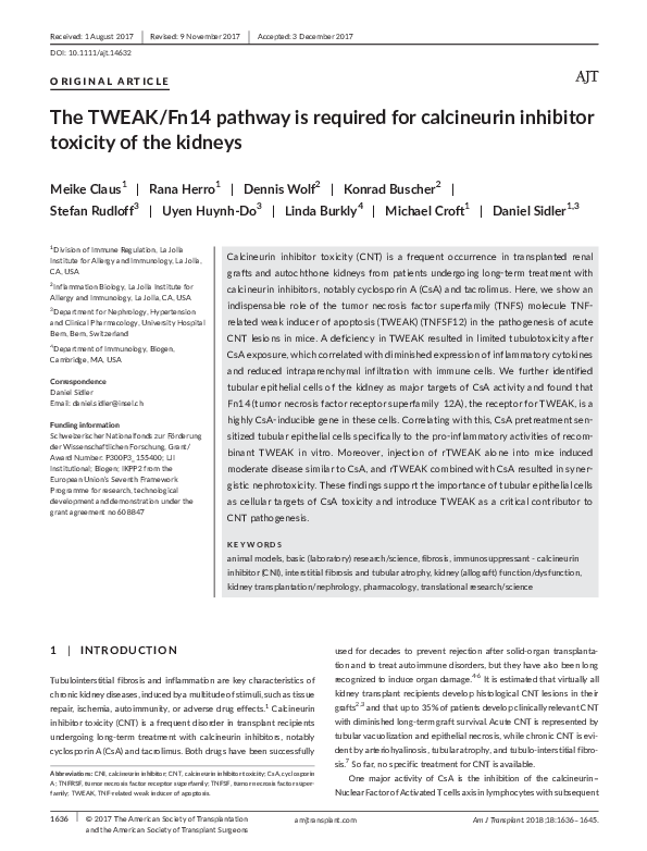 (PDF) The TWEAK/Fn14 pathway is required for Calcineurin Inhibitor ...