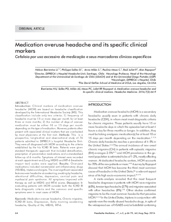 (PDF) Medication overuse headache and its specific clinical markers