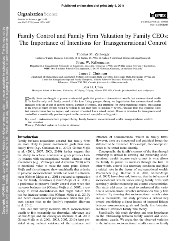 (PDF) Family Control and Family Firm Valuation by Family CEOs: The ...