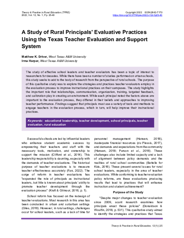 (PDF) Study of Rural Principals’ Evaluative Practices Using the Texas ...